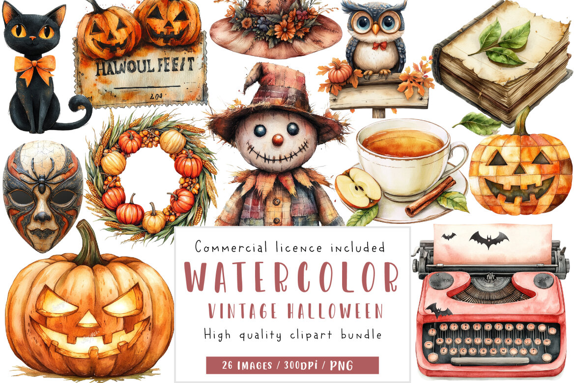 Vintage Halloween Watercolor Clipart | Deeezy