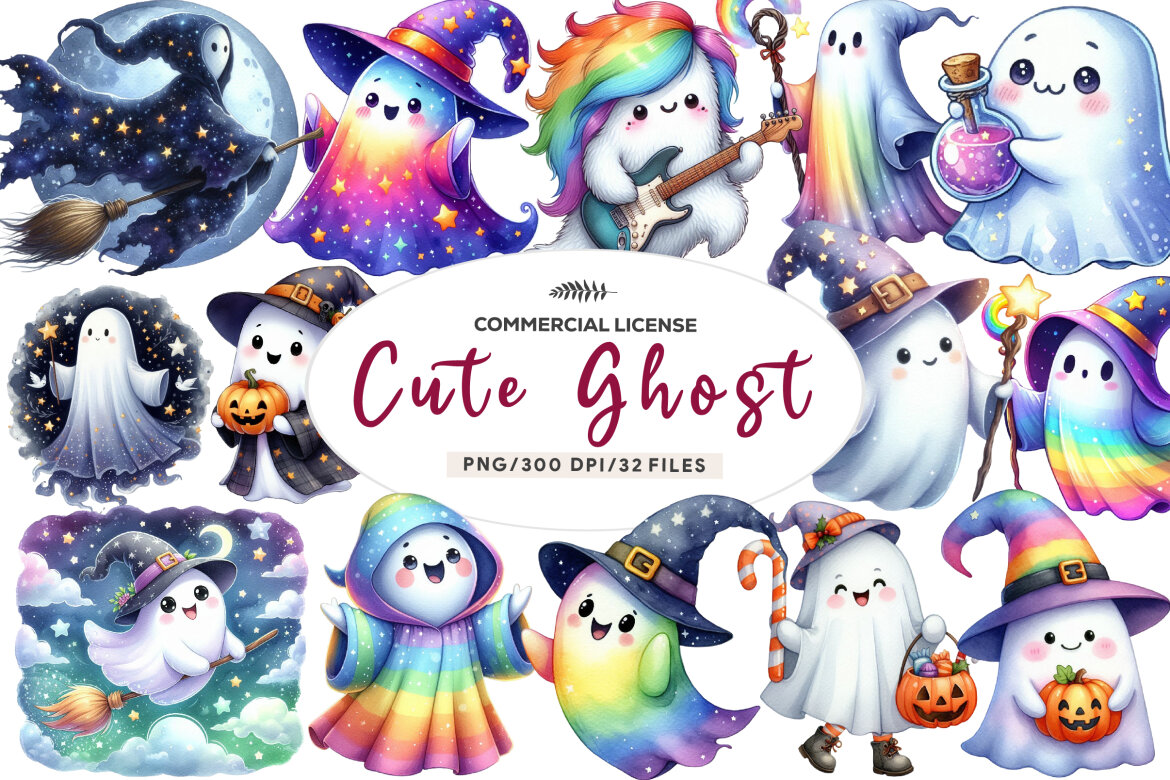 Watercolor Halloween Cute Ghost Collection Clipart | Deeezy