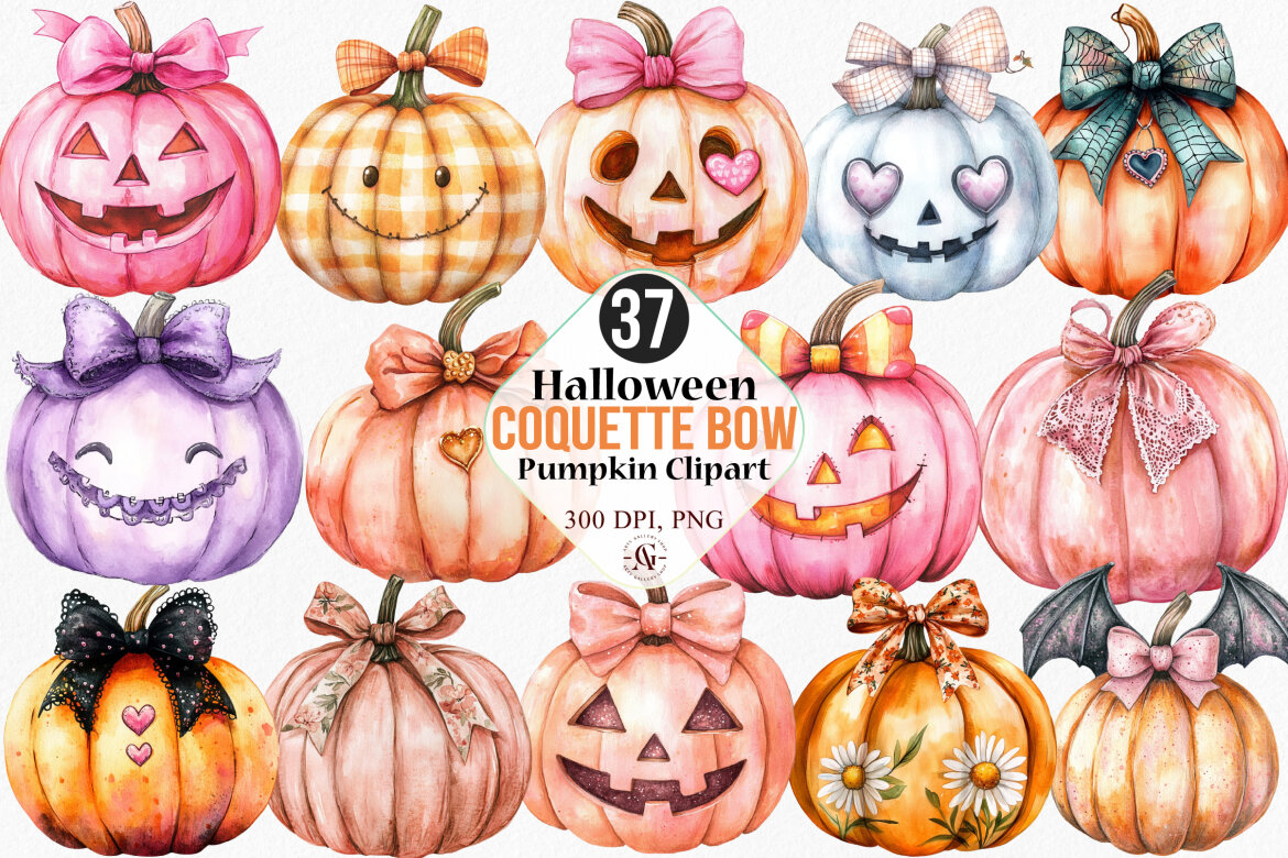 Halloween Coquette Bow Pumpkin Clipart | Deeezy