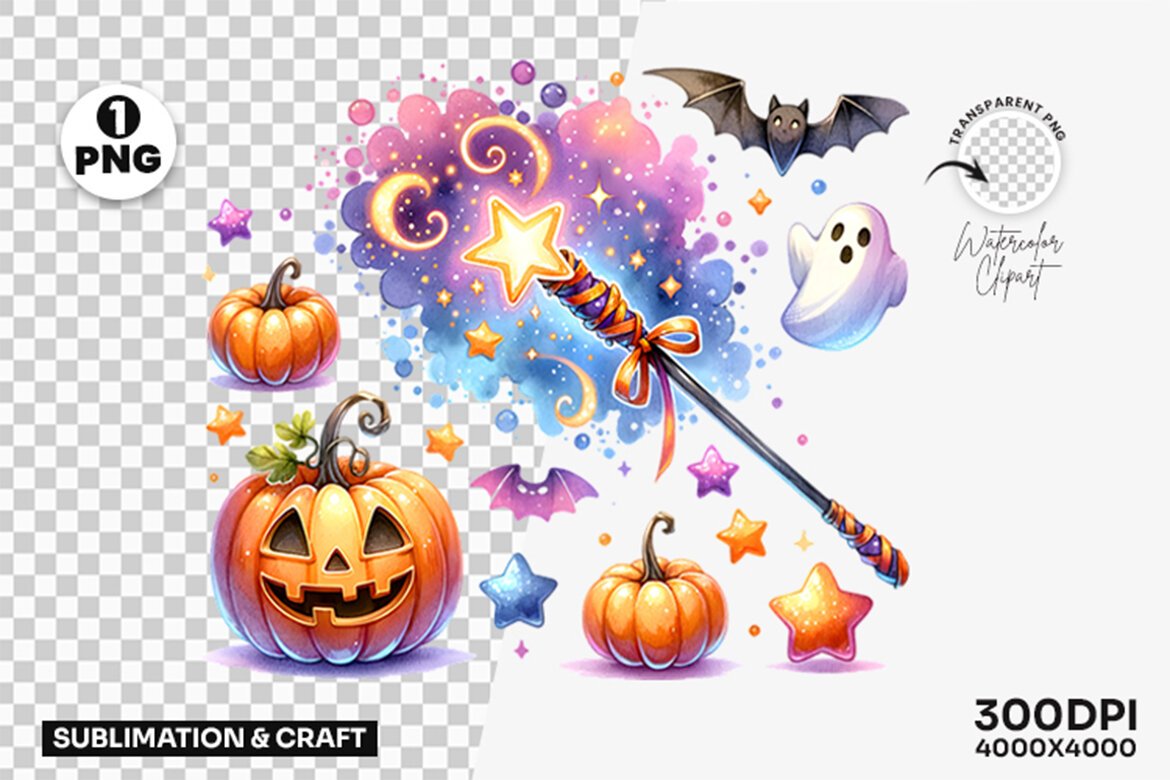 Halloween Pastel Magic Wand Pumpkin Clipart Sublimation Design | Deeezy