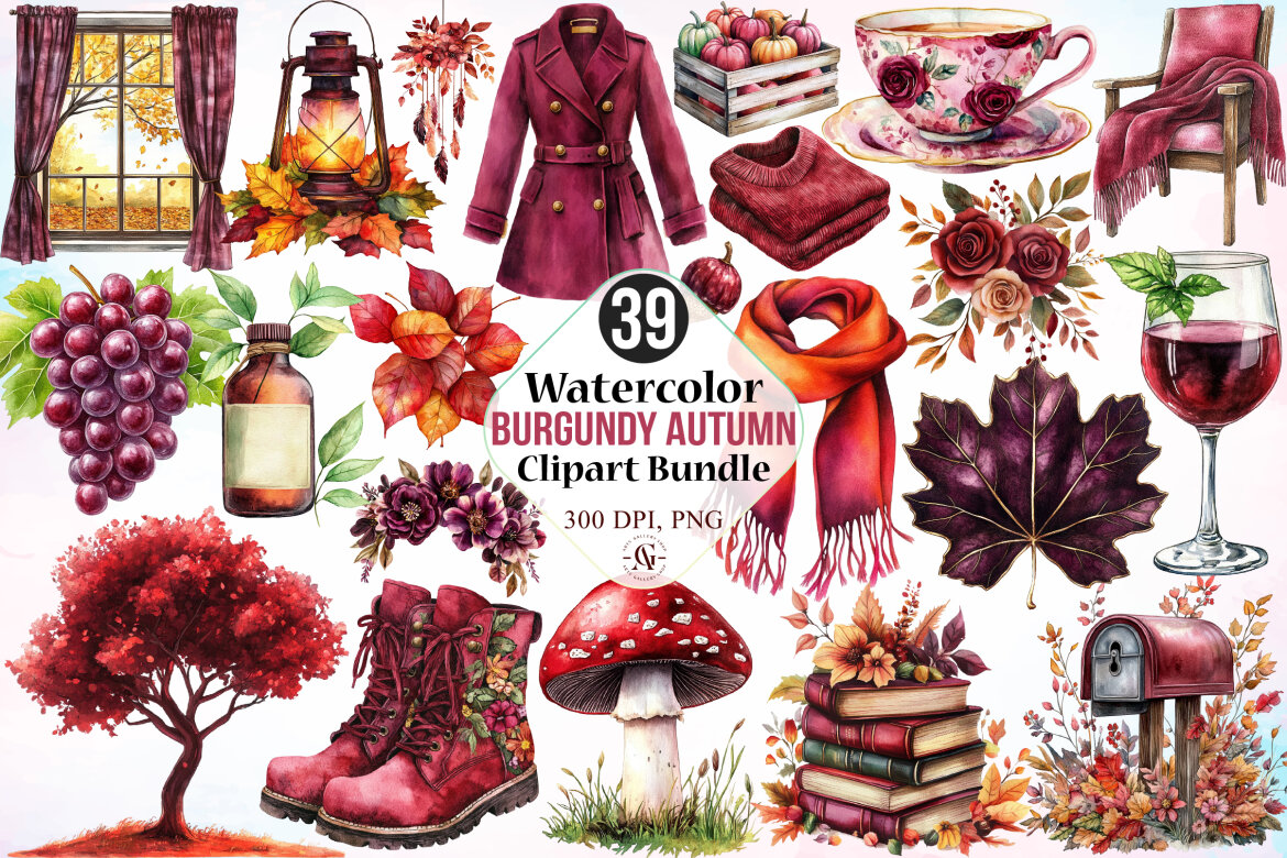 Watercolor Burgundy Autumn Clipart | Deeezy