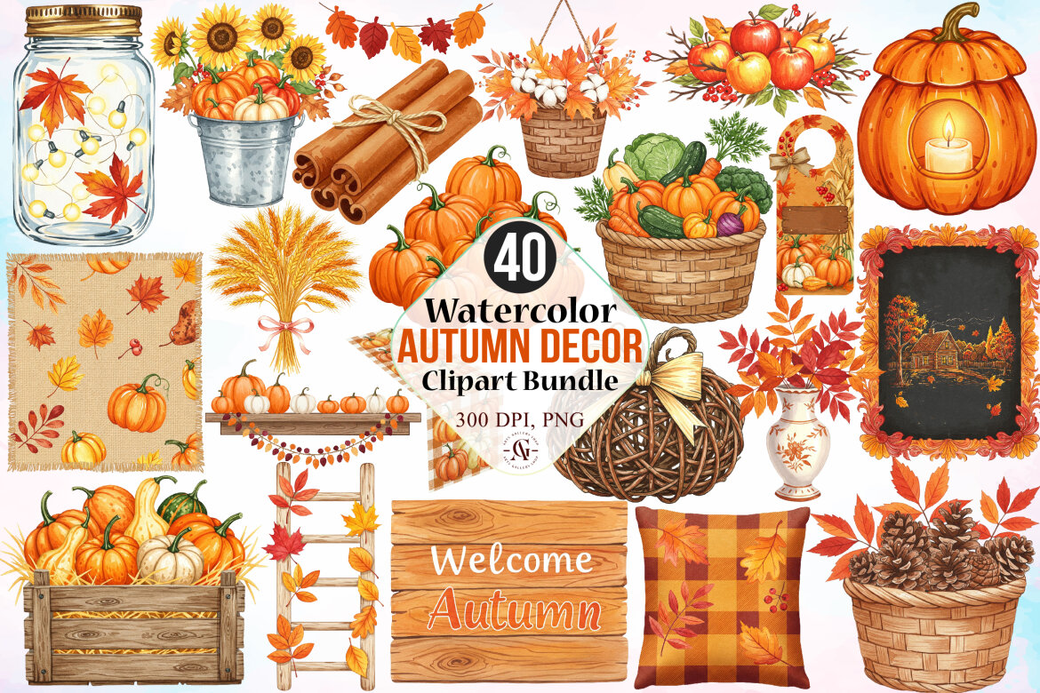 Watercolor Autumn Decor Clipart Bundle | Deeezy