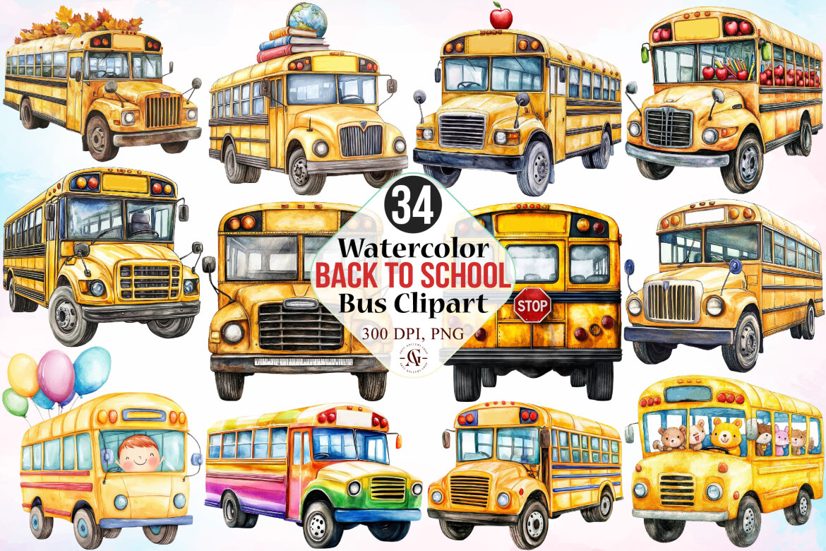 Watercolor Back to School Bus Clipart | Deeezy