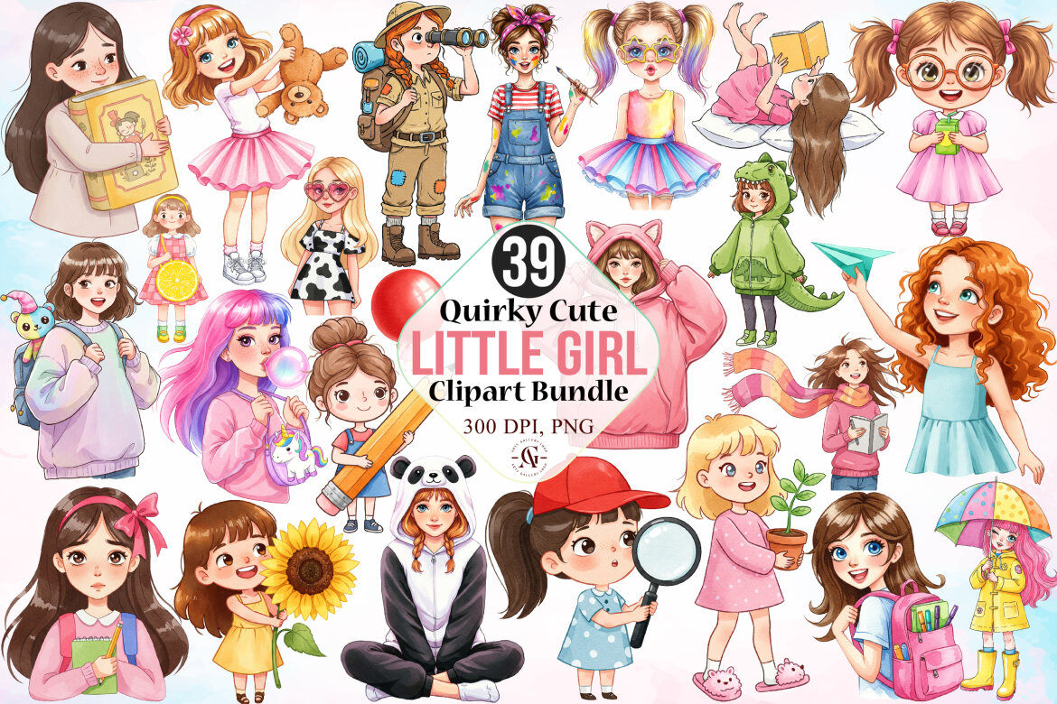 Quirky Cute Little Girl Clipart Bundle | Deeezy
