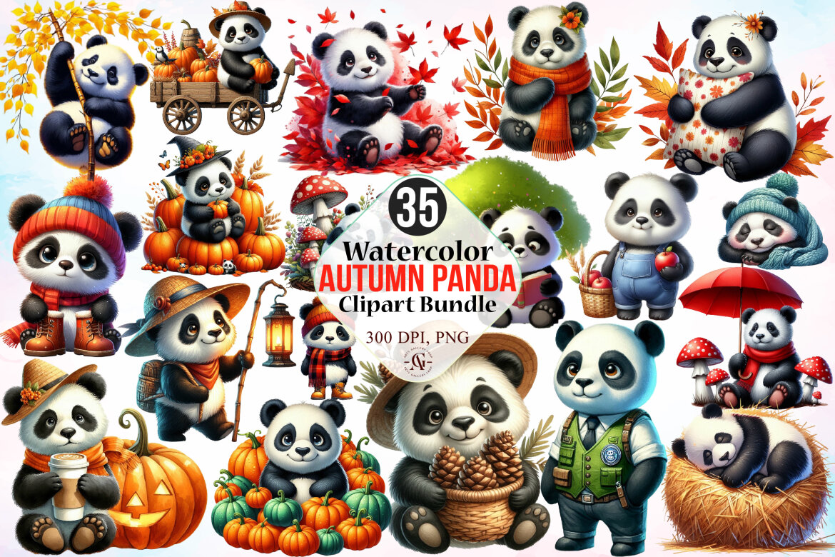 Watercolor Autumn Panda Clipart Bundle | Deeezy