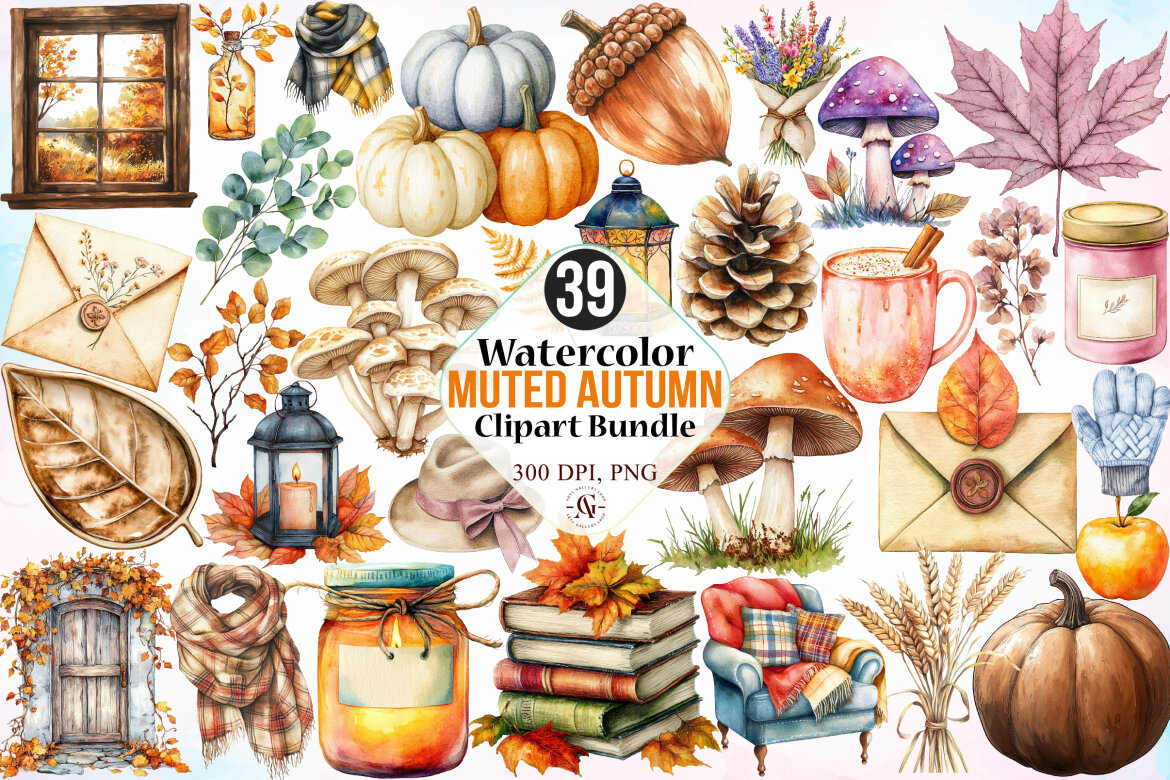 Watercolor Muted Autumn Clipart Bundle | Deeezy