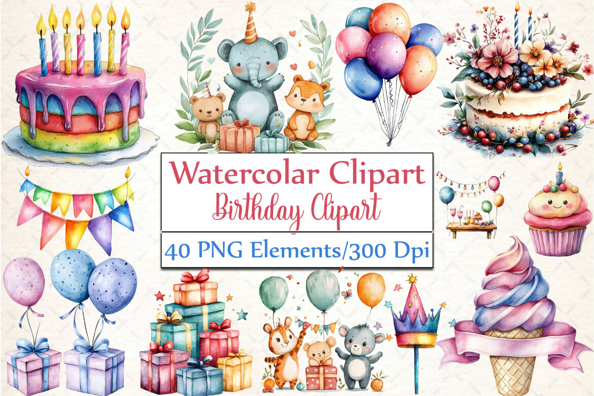 Watercolor Birthday Clipart | Deeezy
