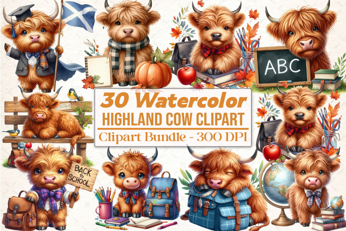 Back to School Highland Cow Clipart | Deeezy