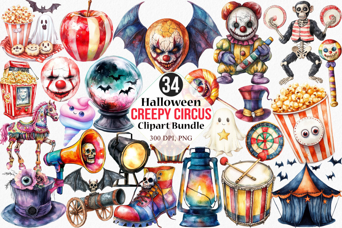 Halloween Creepy Circus Clipart Bundle | Deeezy