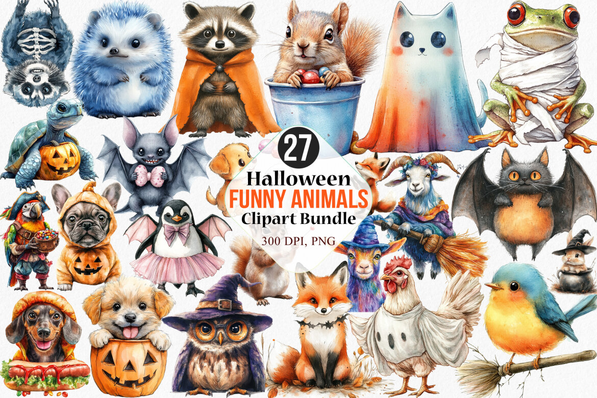Halloween Funny Animals Clipart Bundle | Deeezy