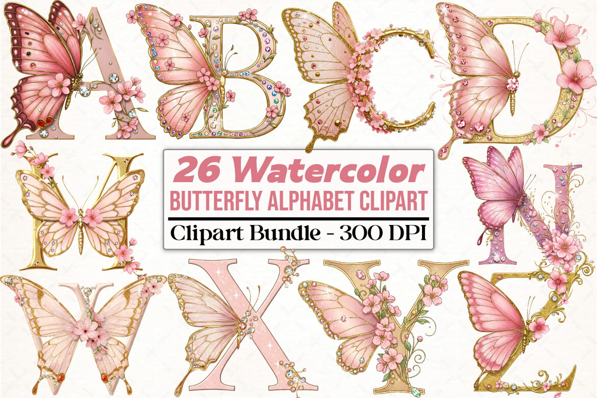 Watercolor Butterfly Alphabet Clipart | Deeezy