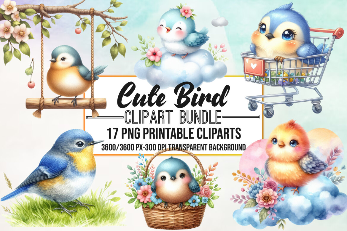 Watercolor Cute Bird Clipart Bundle | Deeezy