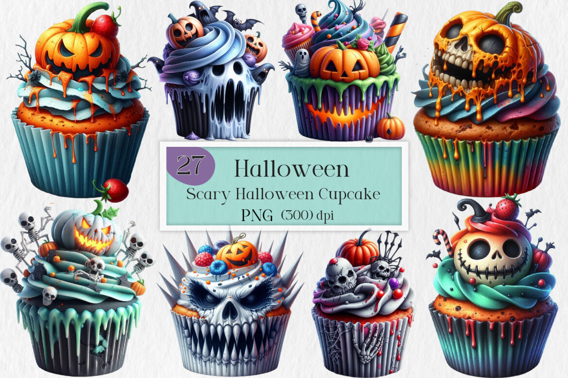 Scary Halloween Cupcake Clipart Bundle | Deeezy