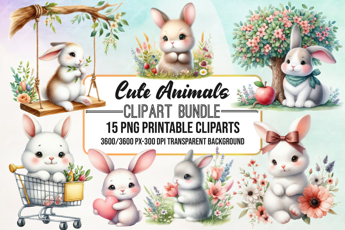 Watercolor Cute Bunny Clipart Bundle | Deeezy