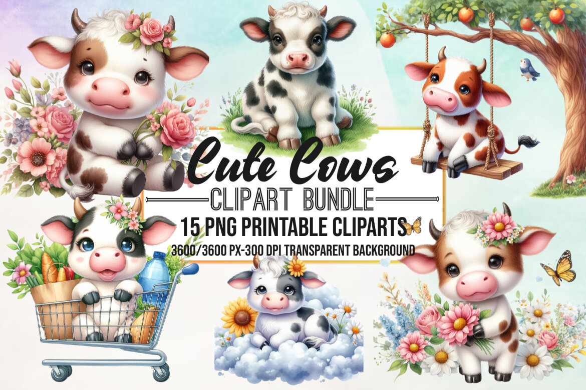 Watercolor Cute Cow Clipart Bundle | Deeezy