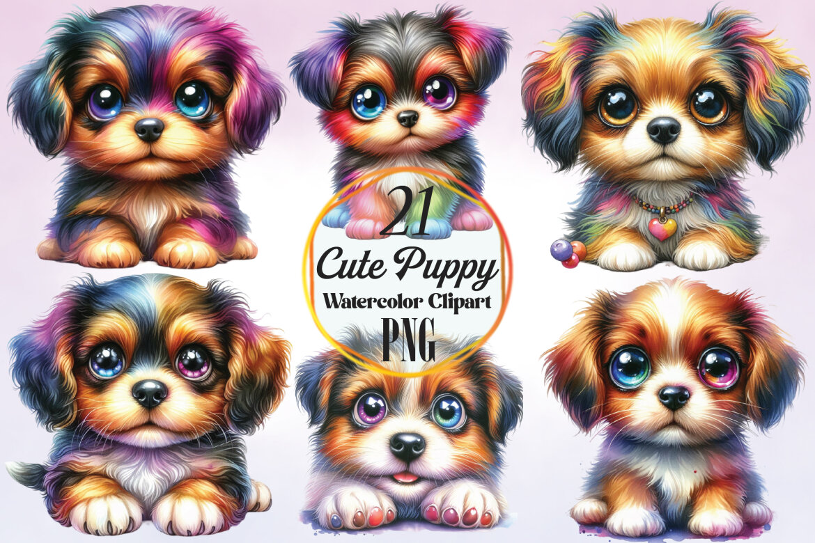 Watercolor Cute Puppy Sublimation Clipart Bundle | Deeezy