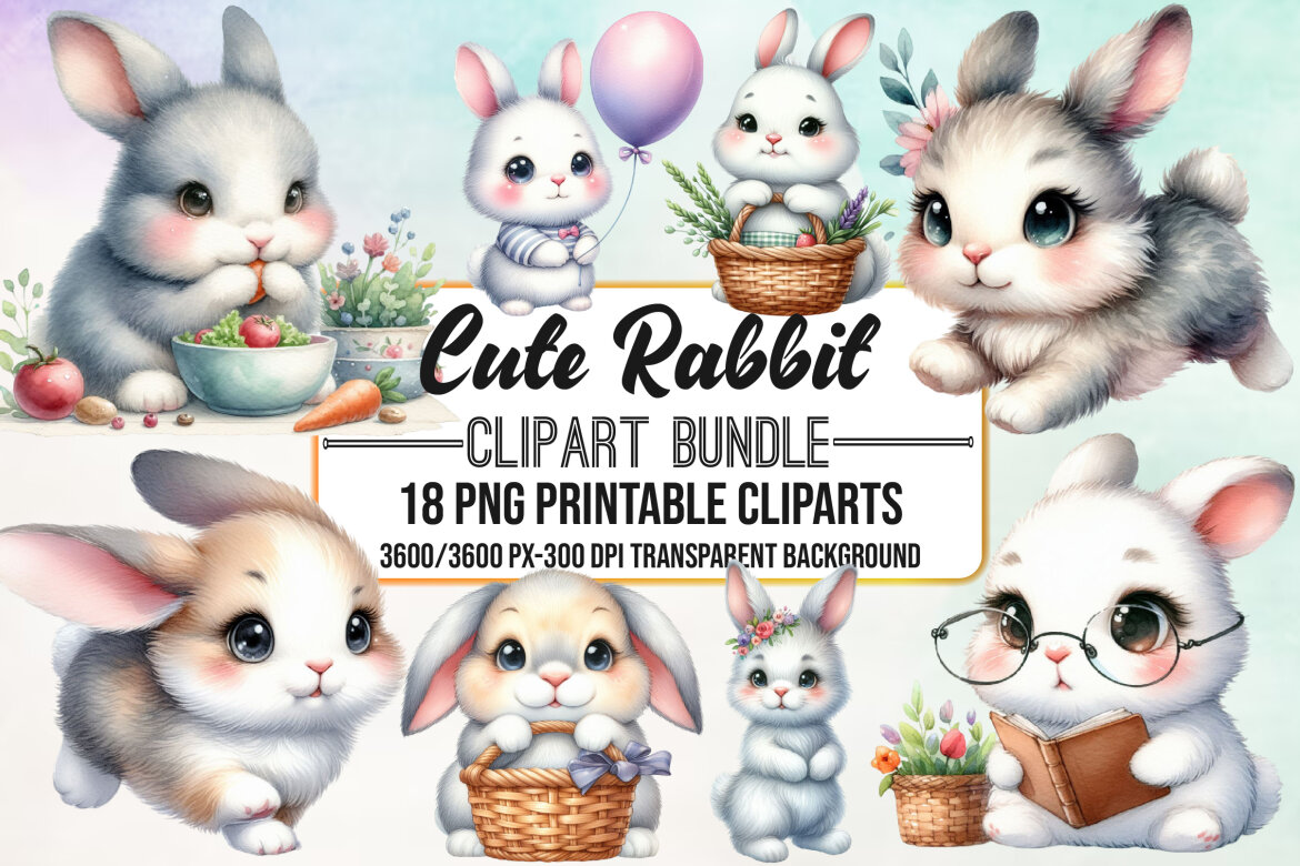 Watercolor Cute Rabbit Clipart Bundle | Deeezy