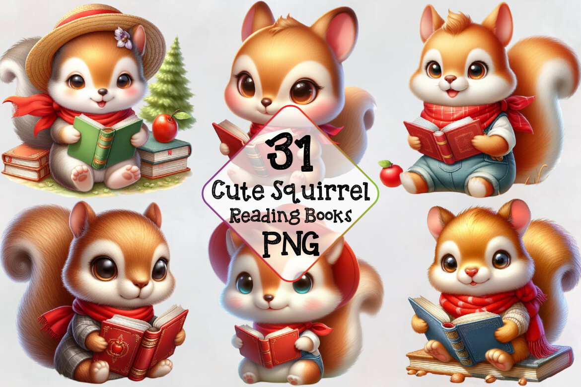 Cute Squirrel Reading Book Sublimation Clipart Bundle | Deeezy