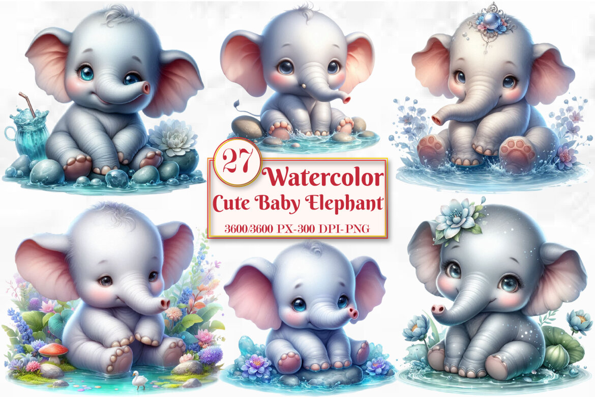 Watercolor Cute Baby Elephant Clipart Bundle | Deeezy