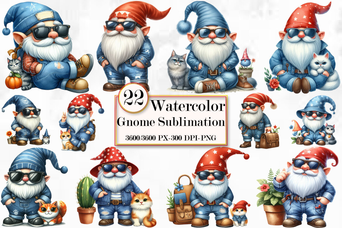 Watercolor Gnome Sublimation Clipart Bundle | Deeezy
