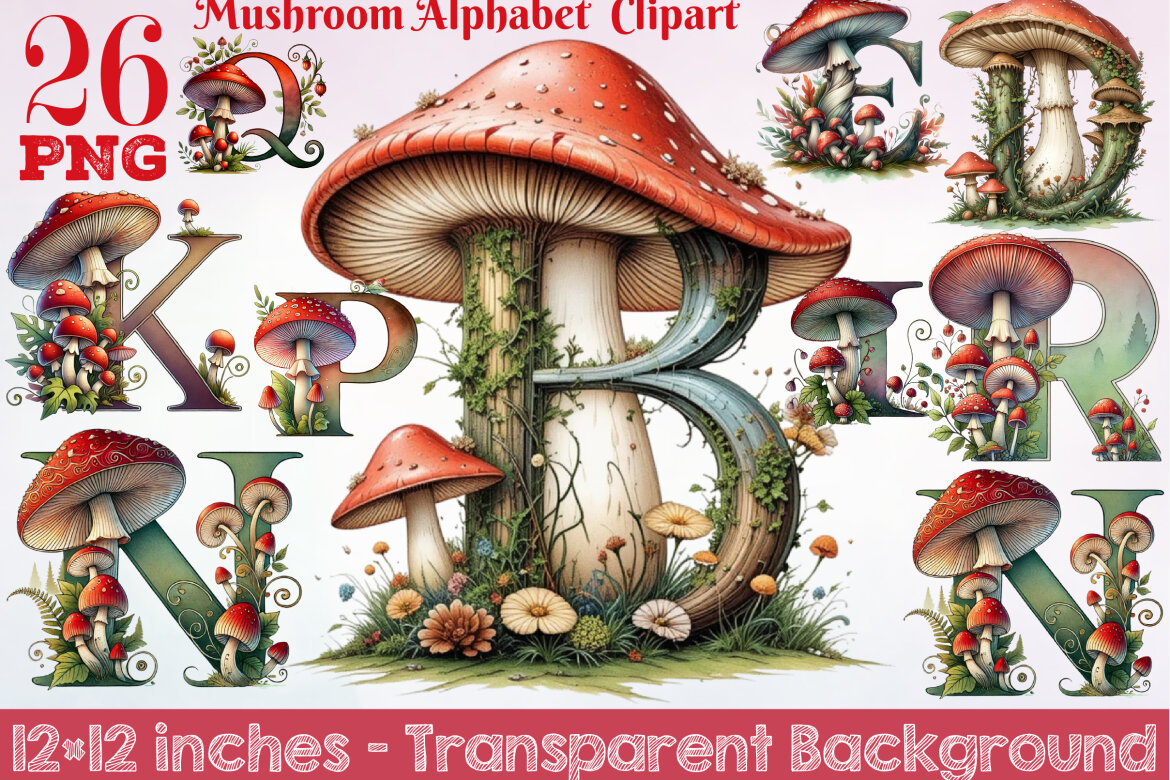 Watercolor Mushroom Alphabet Clipart Bundle | Deeezy