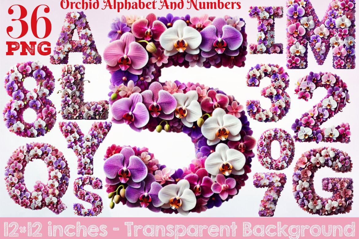 Watercolor Orchid Alphabet And Numbers Clipart Bundle | Deeezy