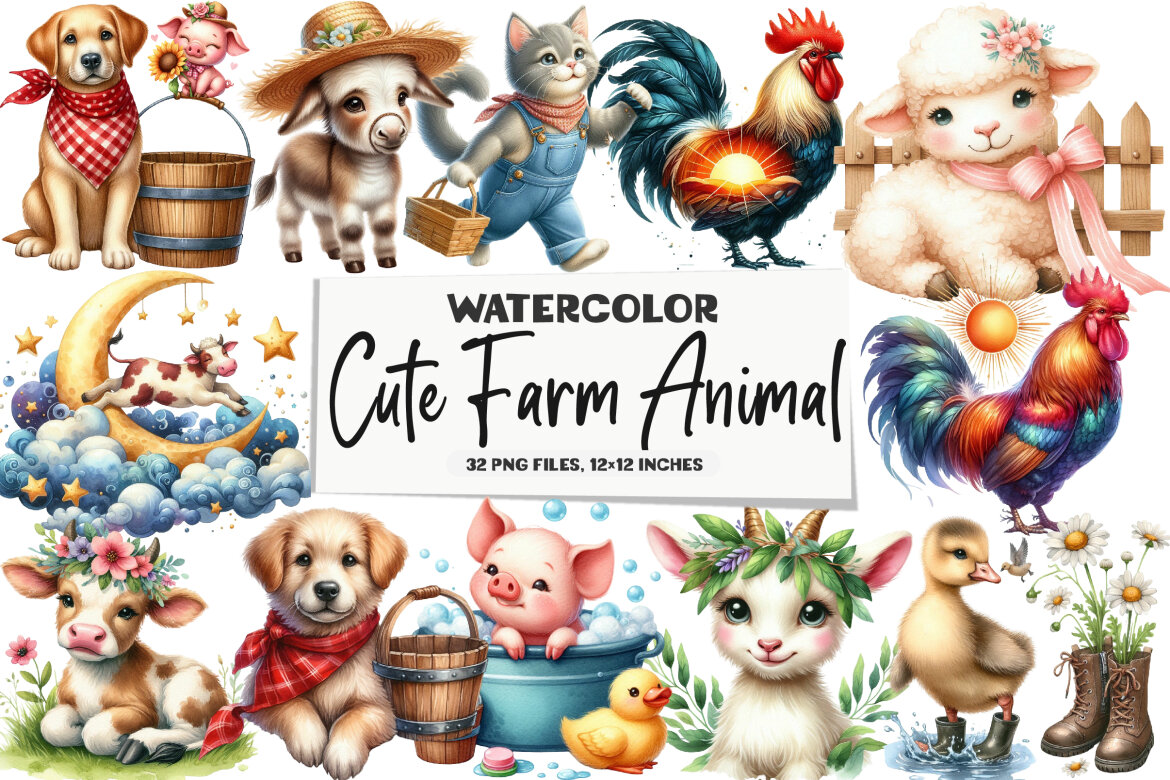 Watercolor Cute Farm Clipart,Animal Clipart | Deeezy