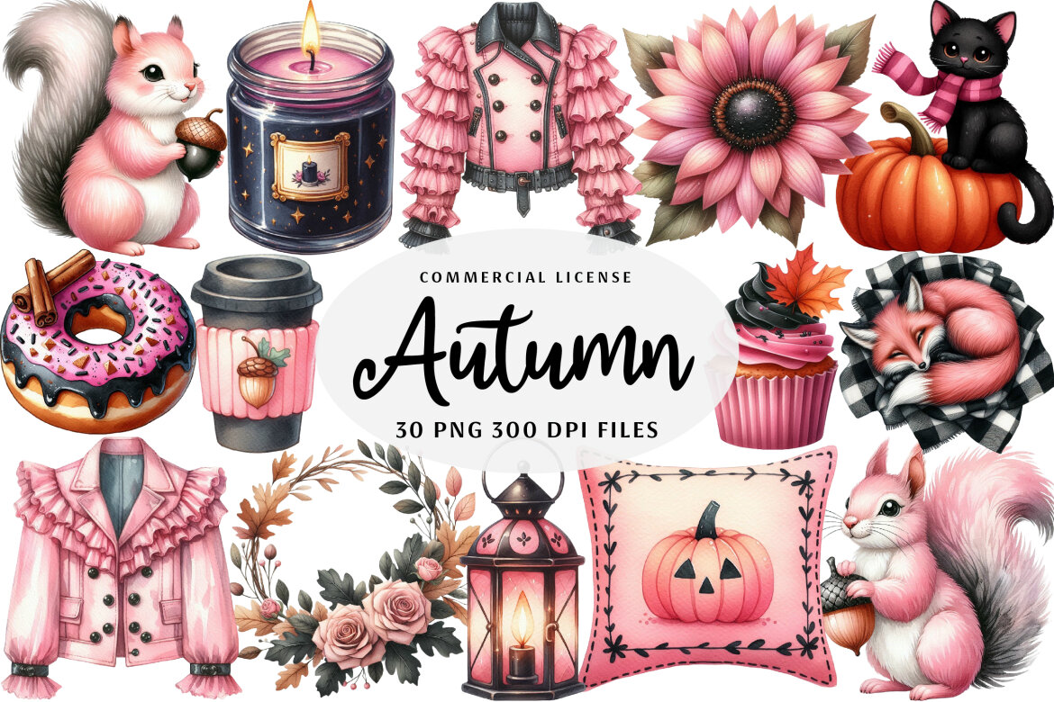 Pink and Black Autumn Clipart Bundle | Deeezy