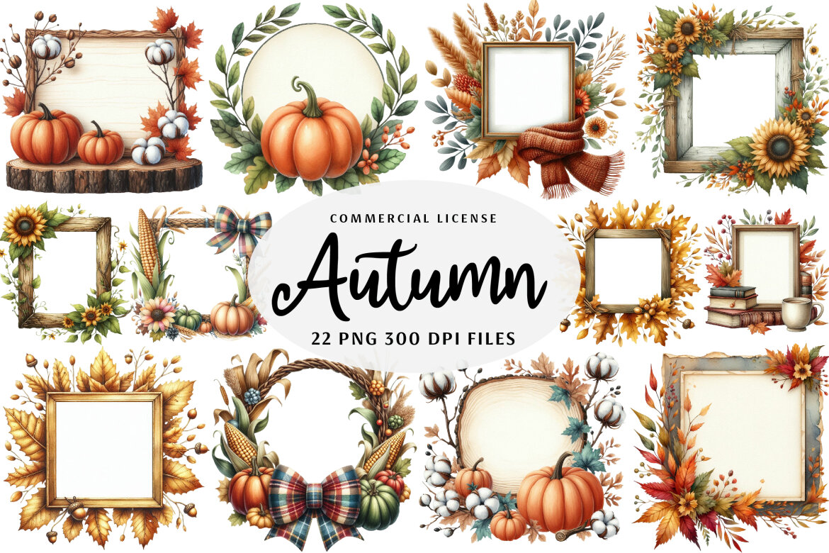 Watercolor Autumn Frames Clipart Bundle | Deeezy