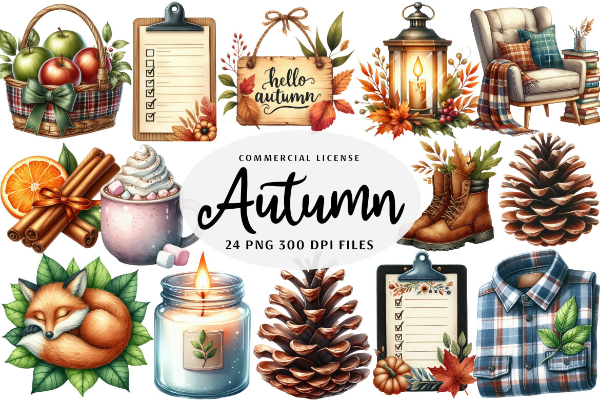 Watercolor Autumn Vibes Clipart Bundle | Deeezy