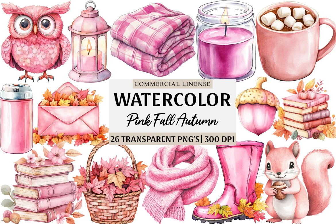 Watercolor Pink Fall Autumn Clipart Bundle | Deeezy