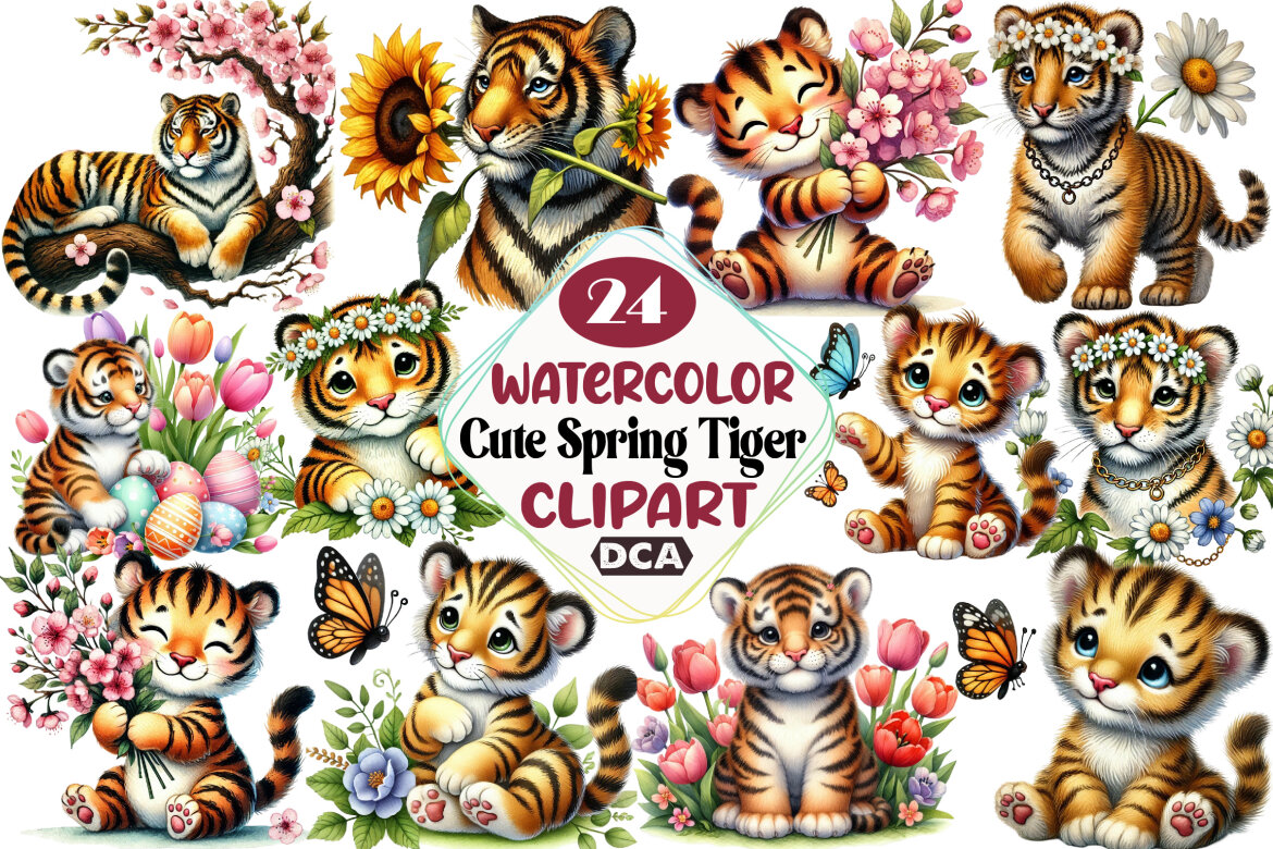 Cute Spring Tiger Watercolor Clipart Png | Deeezy