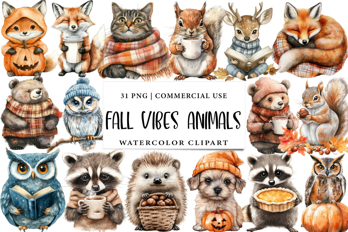 Cozy Fall Vibes Animals Clipart | Deeezy