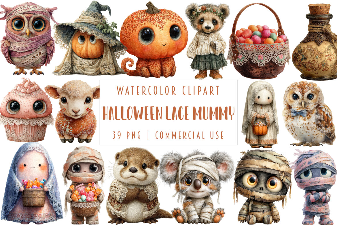 Halloween Lace Mummy Clipart Bundle | Deeezy