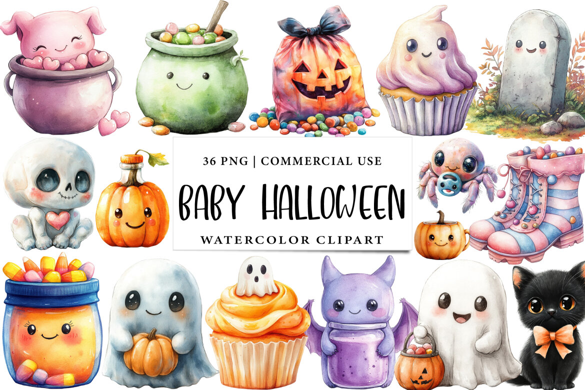 Kawaii Baby Halloween Clipart Bundle | Deeezy