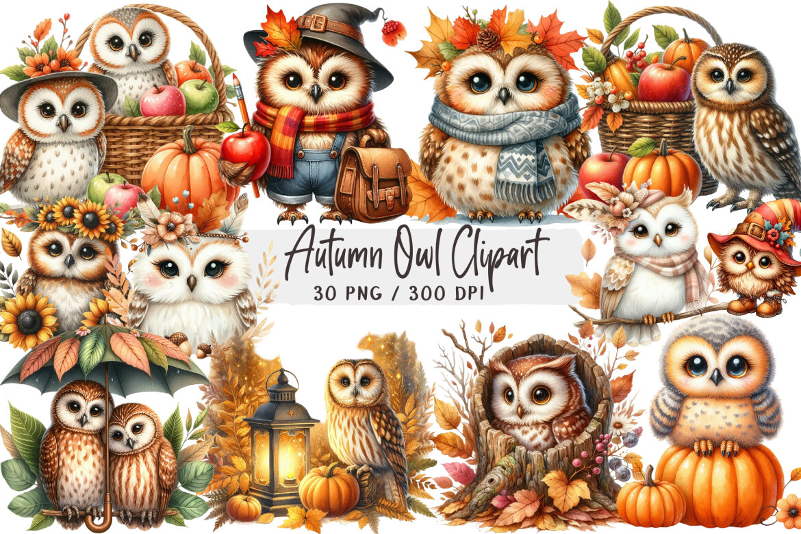 Watercolor Autumn Owl Clipart Bundle | Deeezy