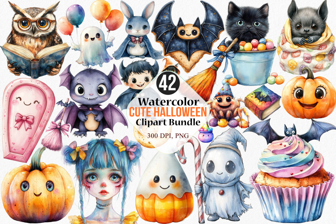 Watercolor Cute Halloween Clipart Bundle | Deeezy