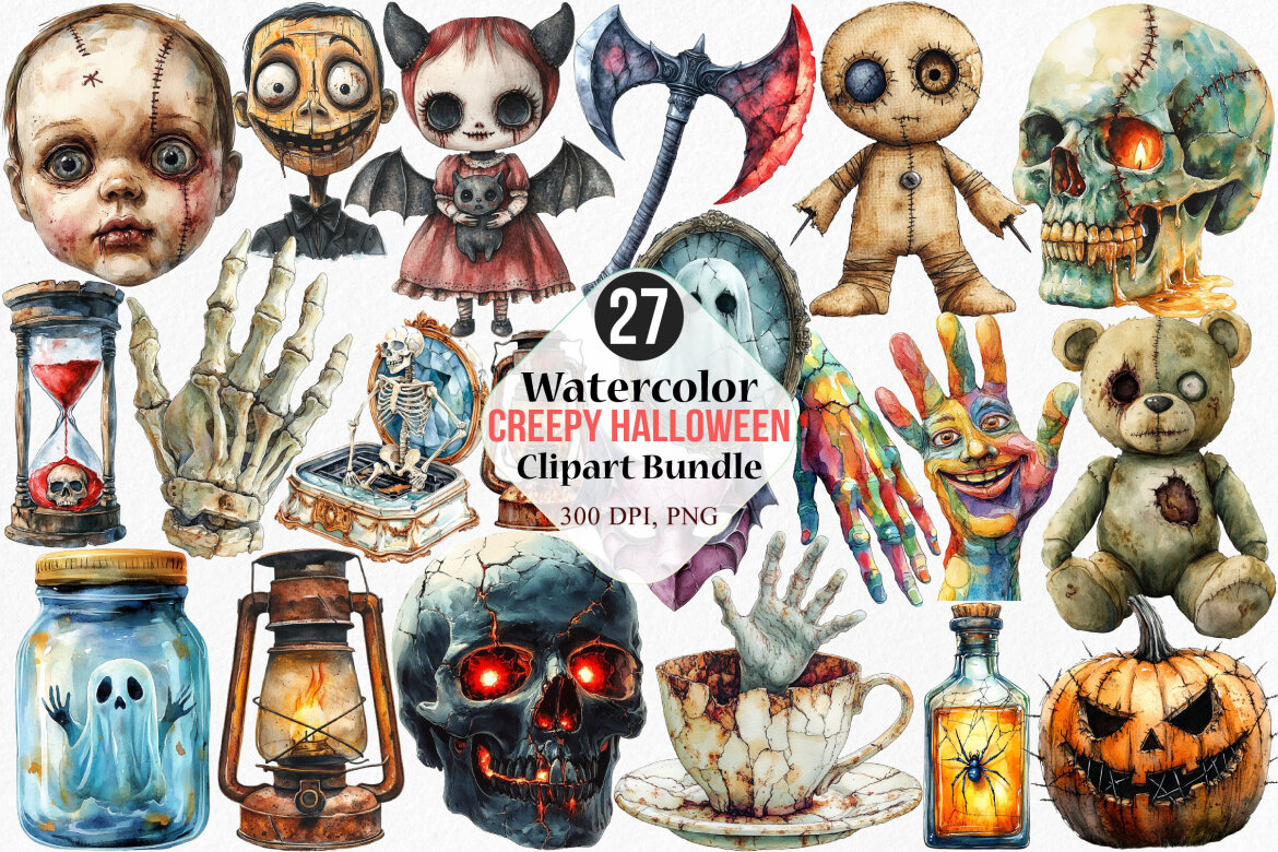 Watercolor Creepy Halloween Clipart | Deeezy