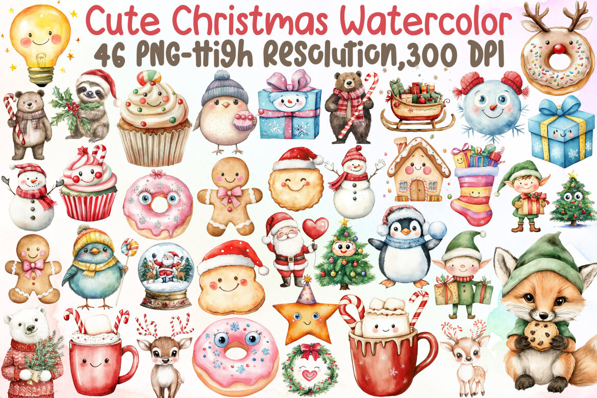 Cute Christmas Watercolor Clipart | Deeezy