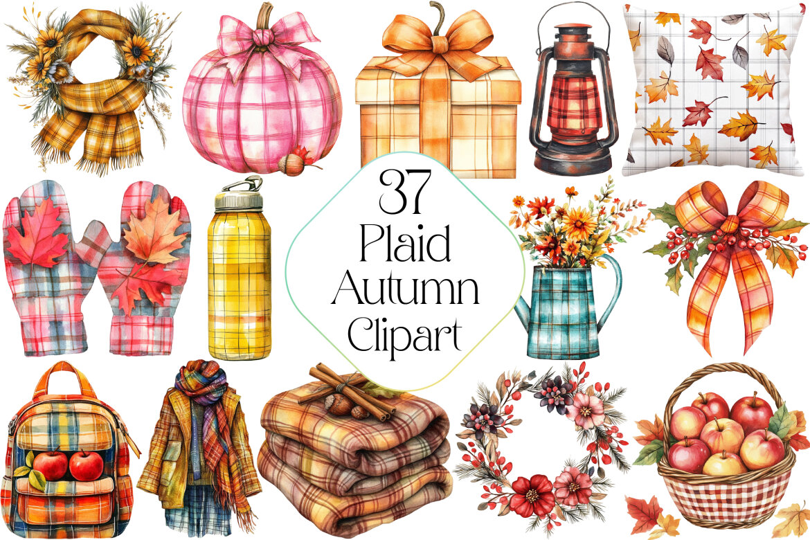 Watercolor Plaid Autumn Clipart | Deeezy