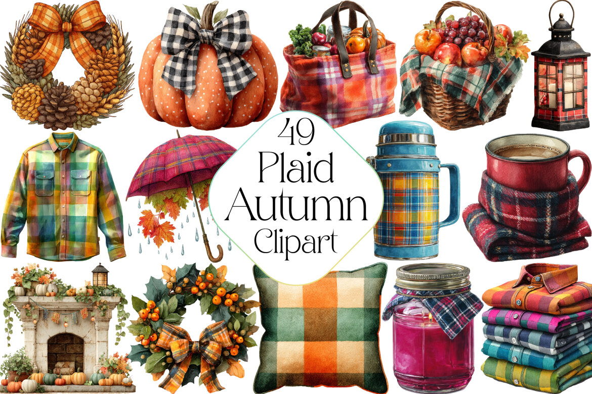 Watercolor Plaid Autumn Clipart | Deeezy