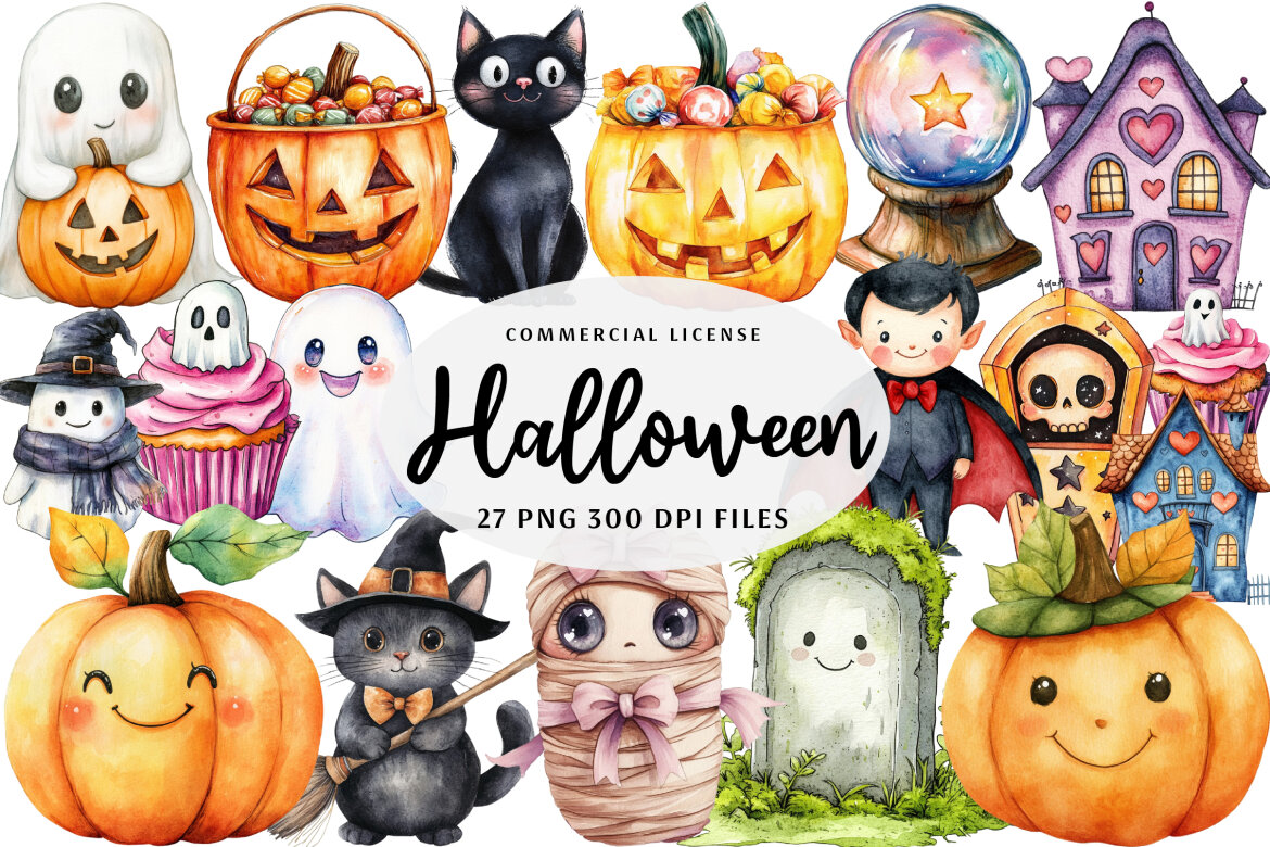 Watercolor Cute Halloween Clipart Bundle | Deeezy