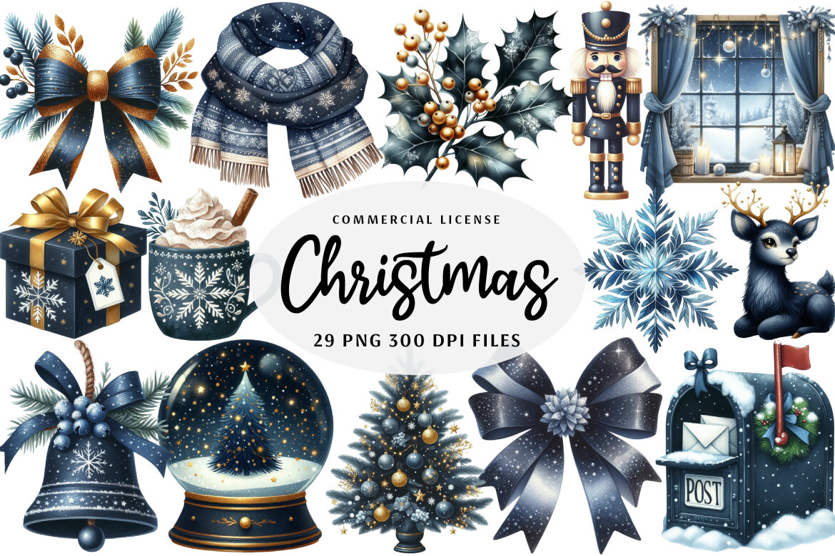 Navy Blue Winter Christmas Clipart Bundle | Deeezy