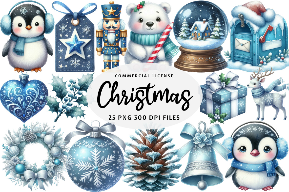 Watercolor Blue Christmas Clipart Bundle | Deeezy