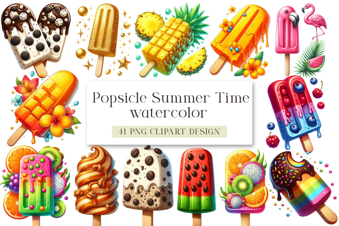 Watercolor Popsicle Clipart Summer Time | Deeezy