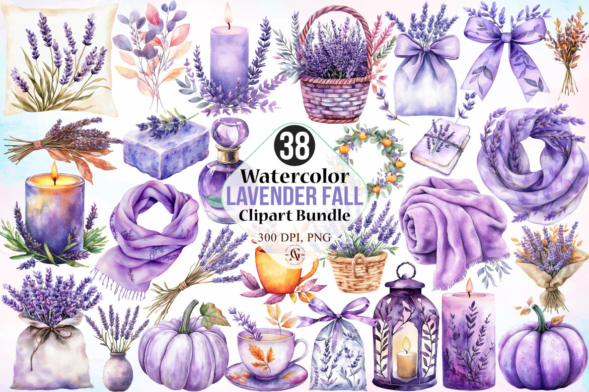 Watercolor Lavender Fall Clipart Bundle | Deeezy