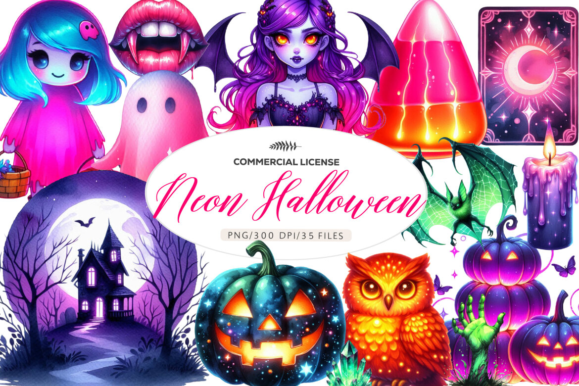 Neon Halloween Clipart Bundle | Deeezy