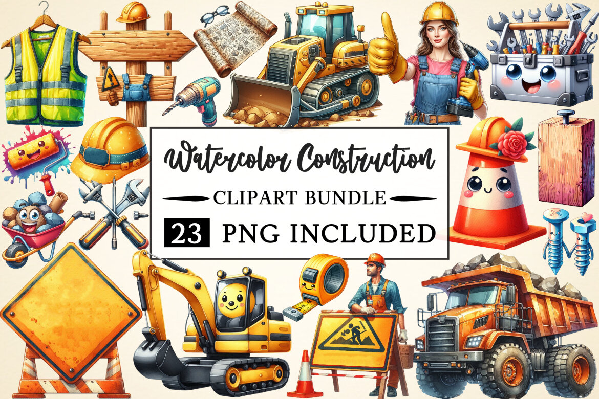 Watercolor Construction Clipart Bundle | Deeezy