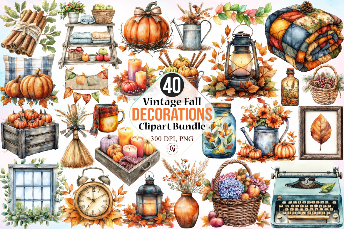 Vintage Fall Decorations Clipart Bundle | Deeezy
