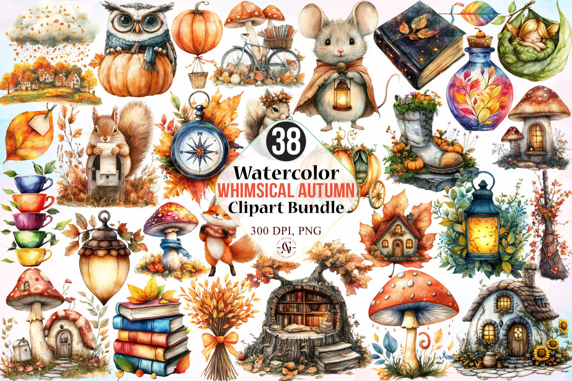 Watercolor Whimsical Autumn Cottage | Deeezy